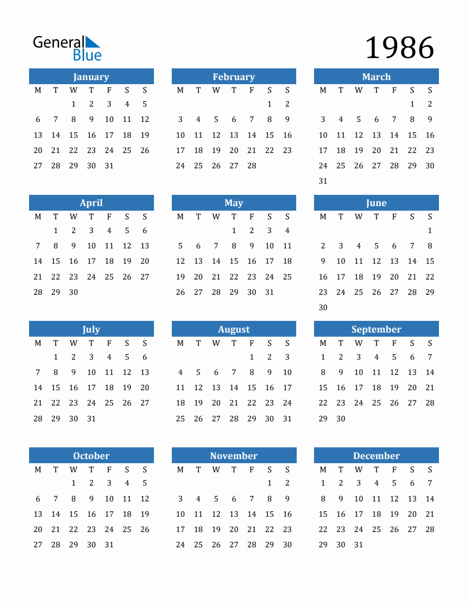 1986 Yearly Calendar with Monday Start