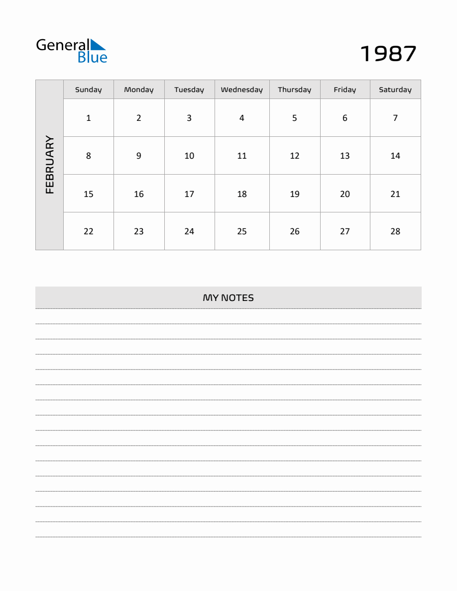February 1987 Printable Monthly Calendar with Notes