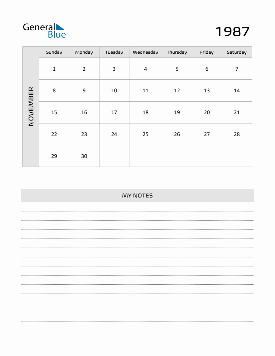 November 1987 Printable Monthly Calendar with Notes
