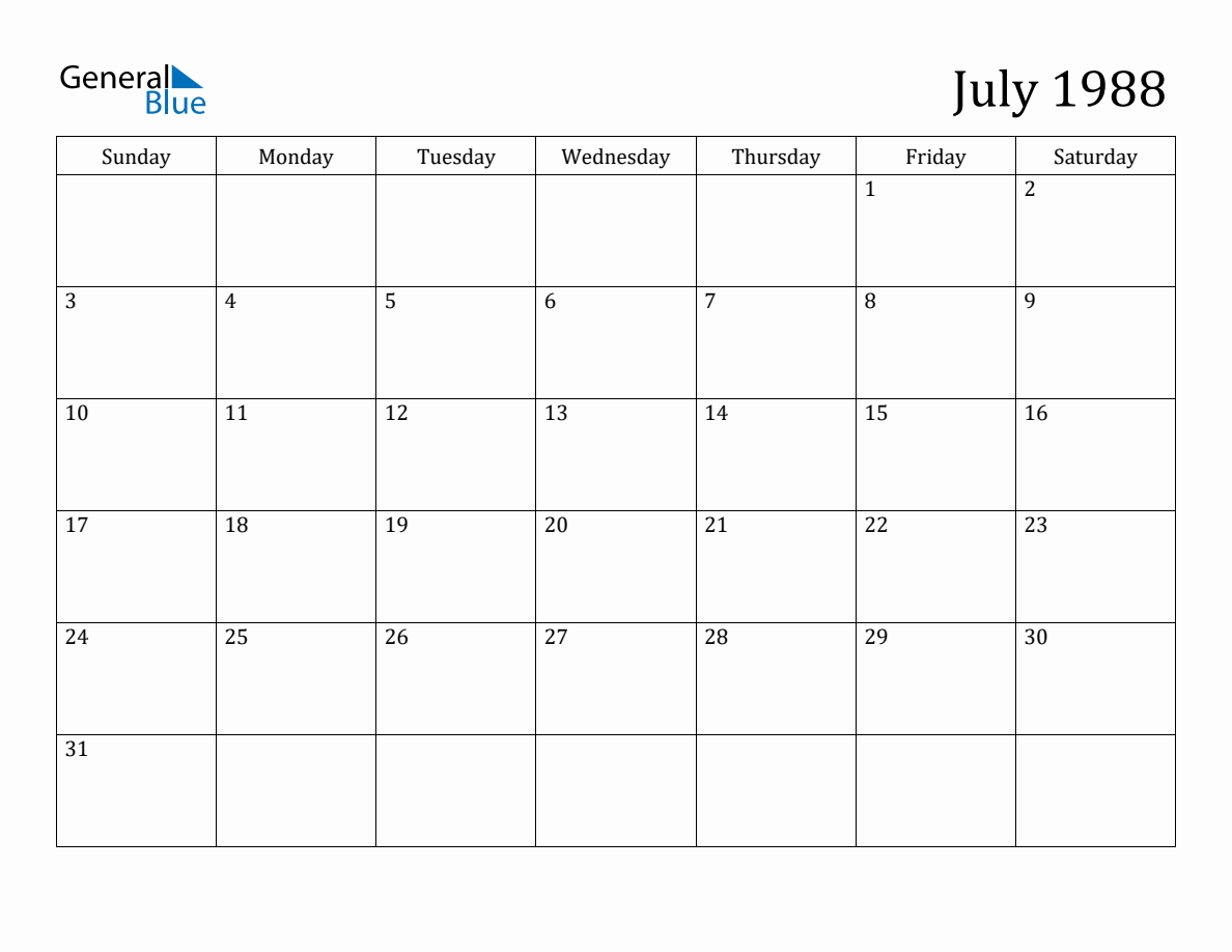 July 1988 Monthly Calendar