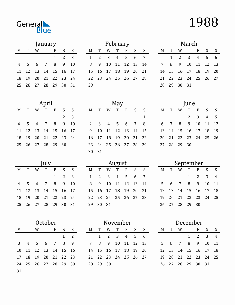 Year 1988 Free Printable 12-Month Calendar with Monday Start