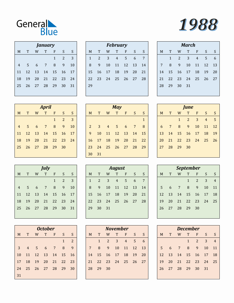 Calendar for Year 1988 with Monday Start