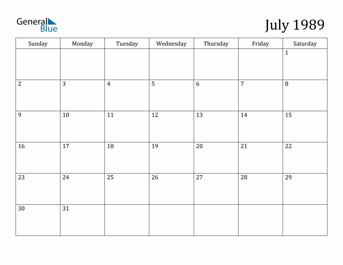July 1989 Monthly Calendar