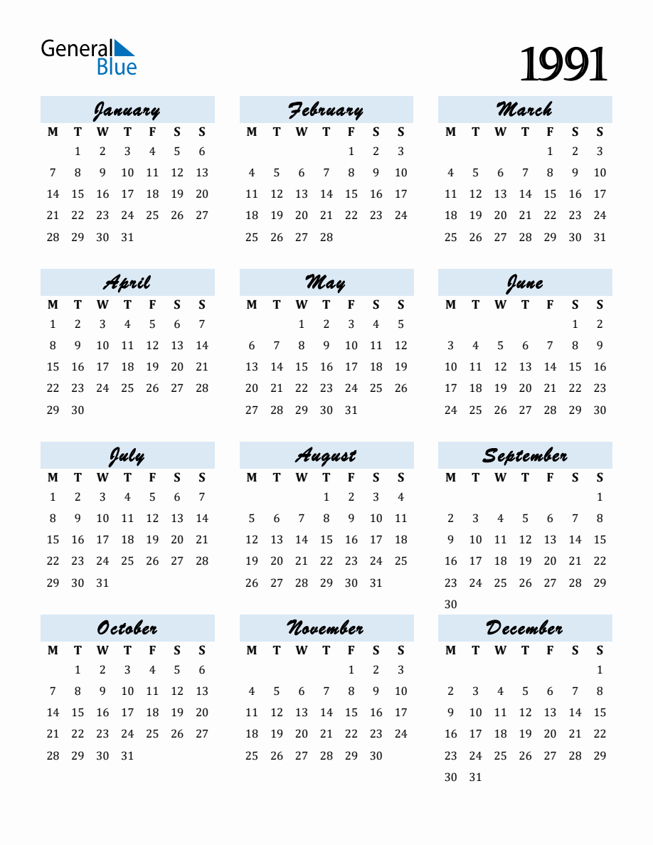 Free Downloadable Calendar for Year 1991 with Monday Start