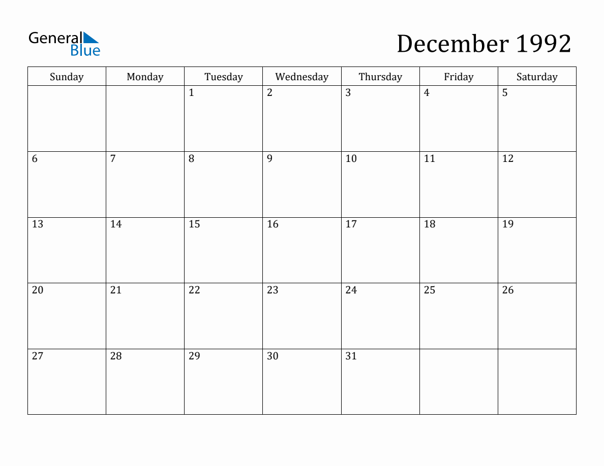 December 1992 Monthly Calendar
