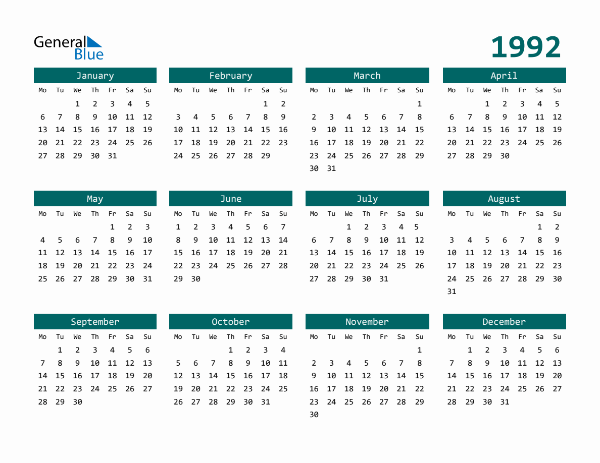 1992 Full-Year Calendar with Monday Start