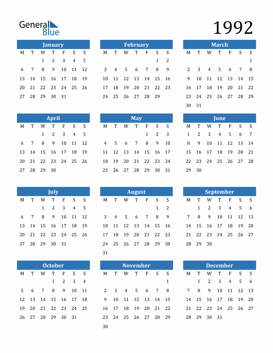 1992 Yearly Calendar with Monday Start