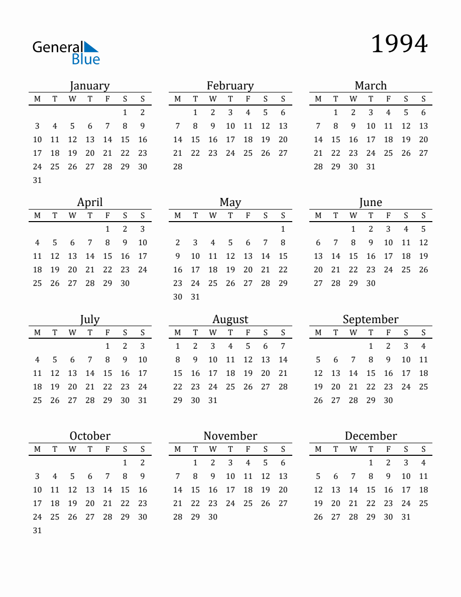 Year 1994 Free Printable 12-Month Calendar with Monday Start