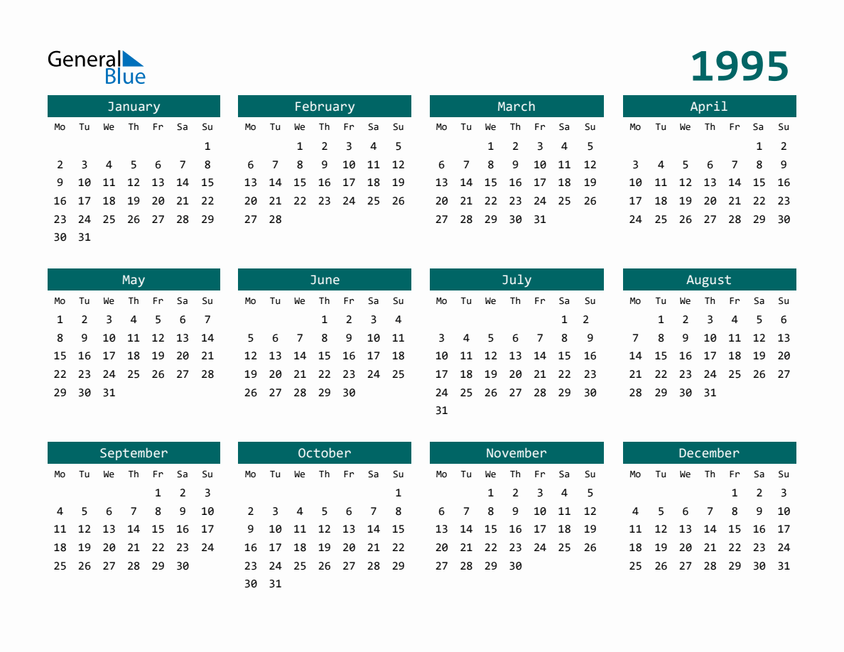 1995 Full-Year Calendar with Monday Start