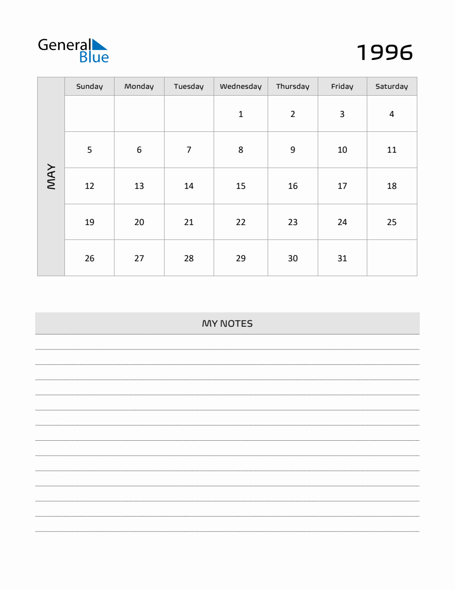 May 1996 Printable Monthly Calendar with Notes