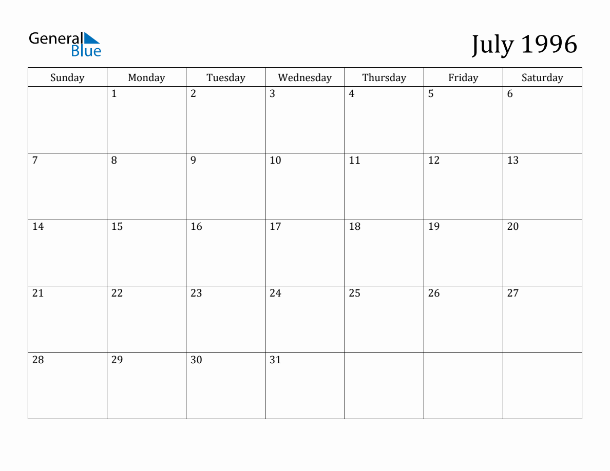 July 1996 Monthly Calendar
