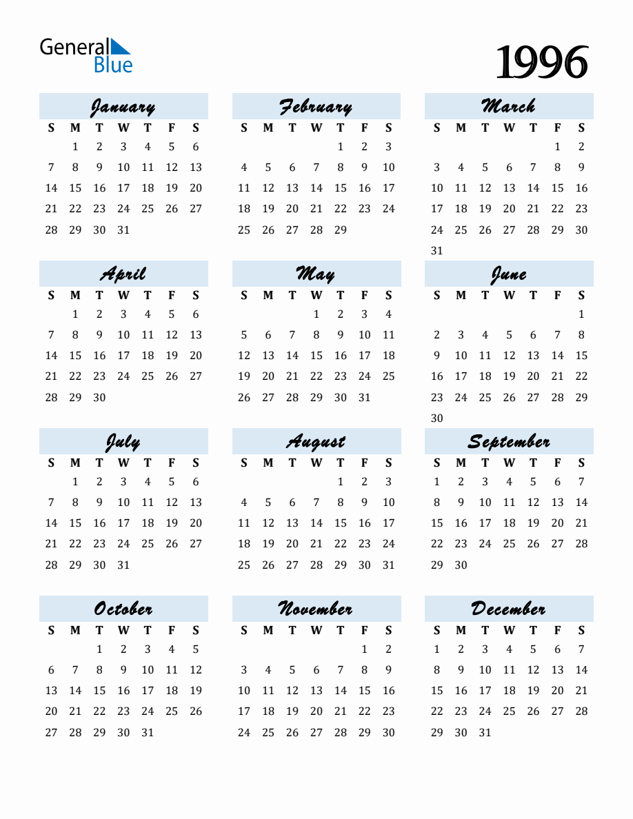Free Downloadable Calendar for Year 1996