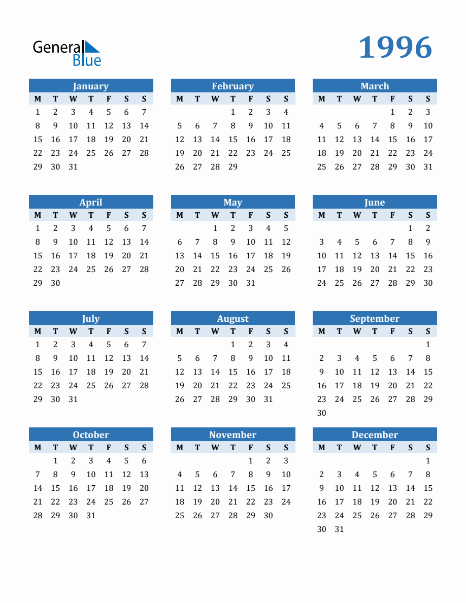 Free 1996 Year Calendar in PDF, Word, and Excel with Monday Start