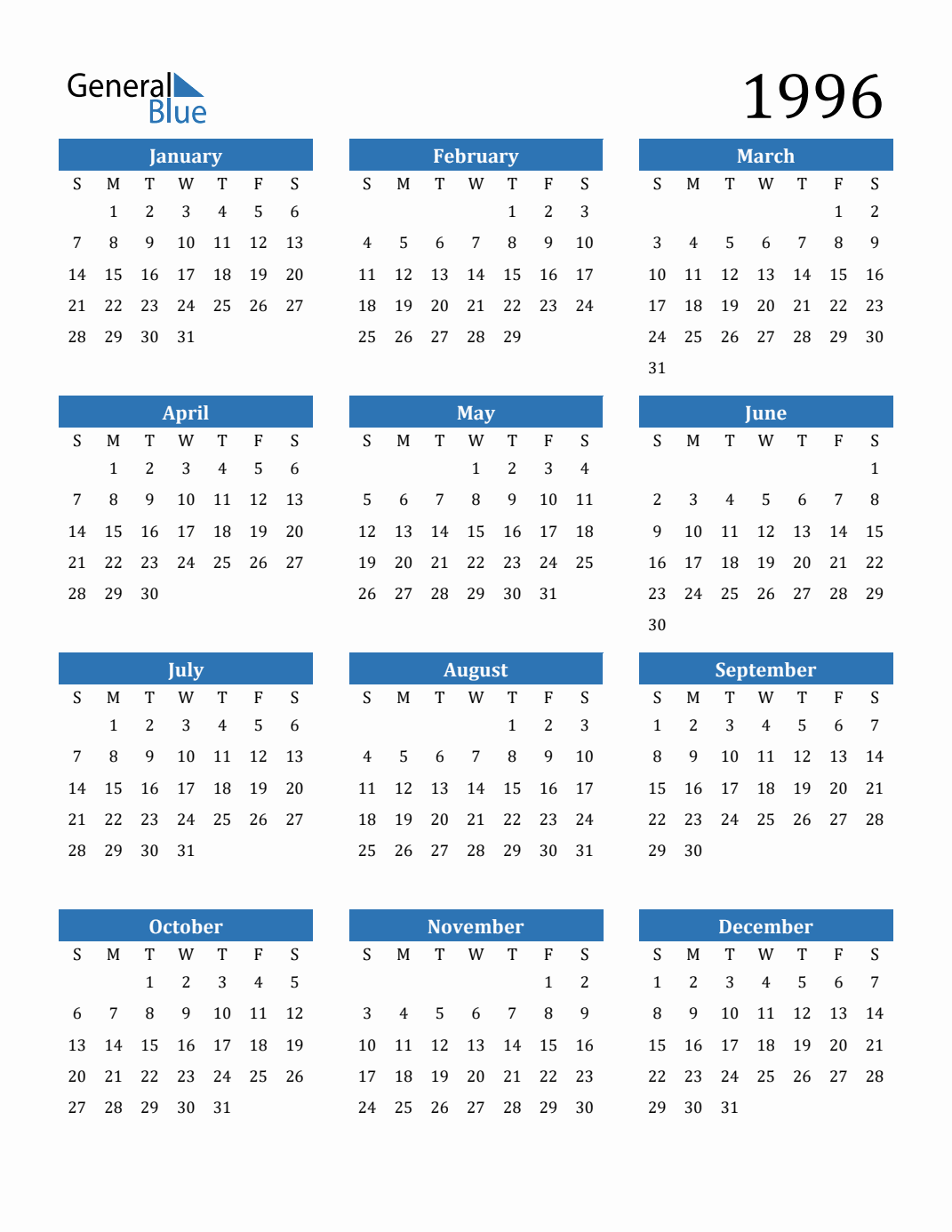 Free 1996 Calendars in PDF, Word, Excel