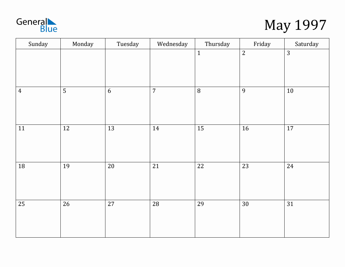 May 1997 Monthly Calendar