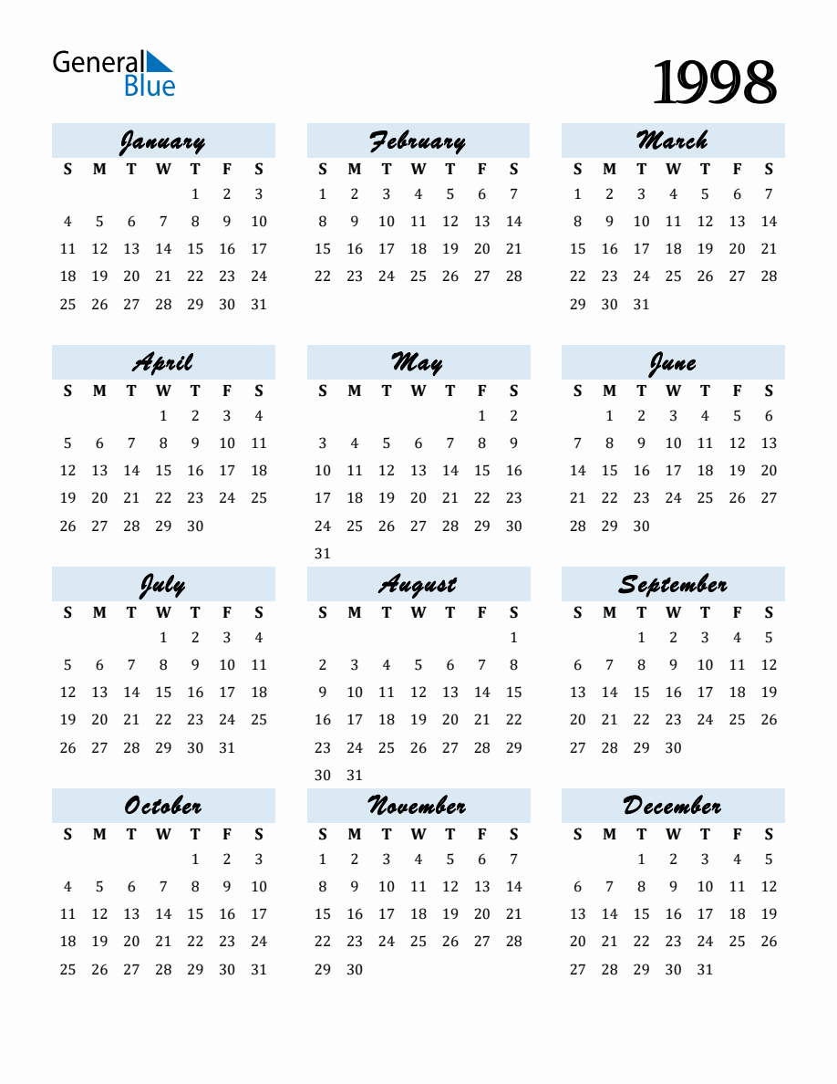 Free Downloadable Calendar for Year 1998