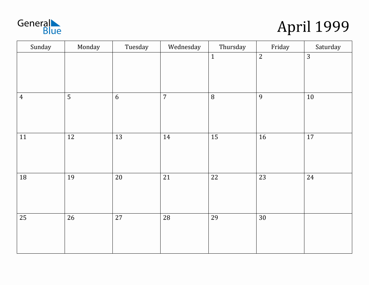 April 1999 Monthly Calendar