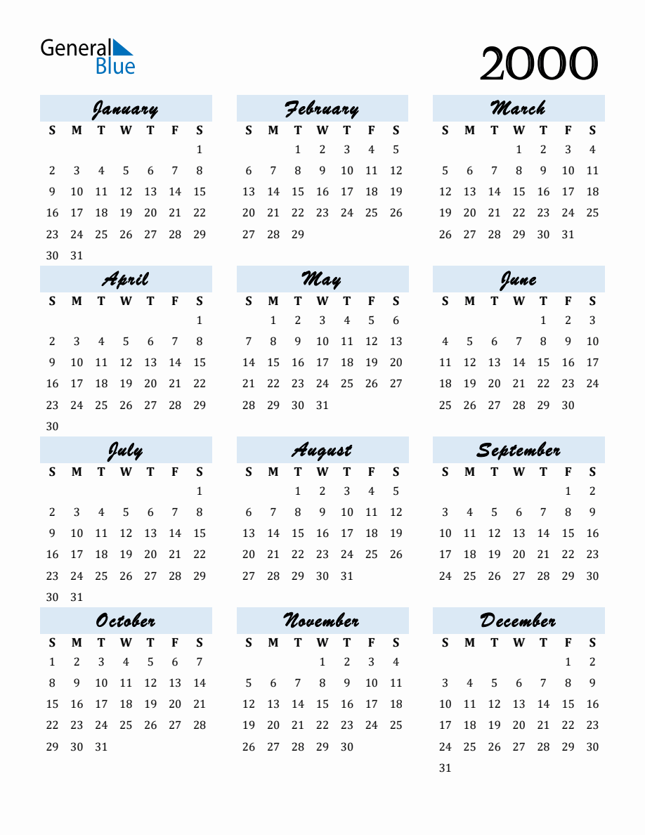 Free Downloadable Calendar for Year 2000