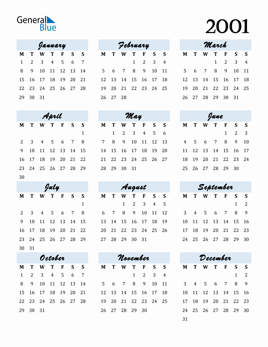Free Downloadable Calendar for Year 2001