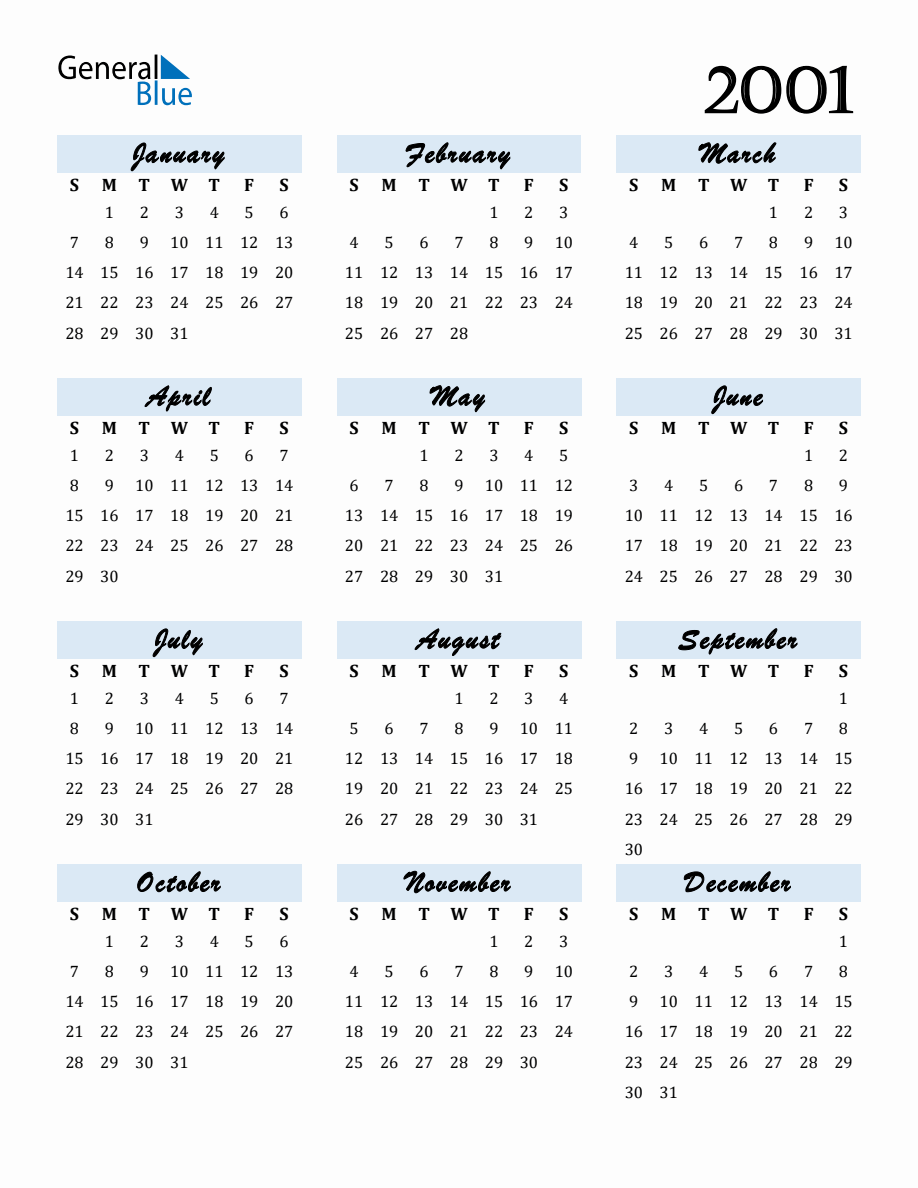 Free Downloadable Calendar for Year 2001