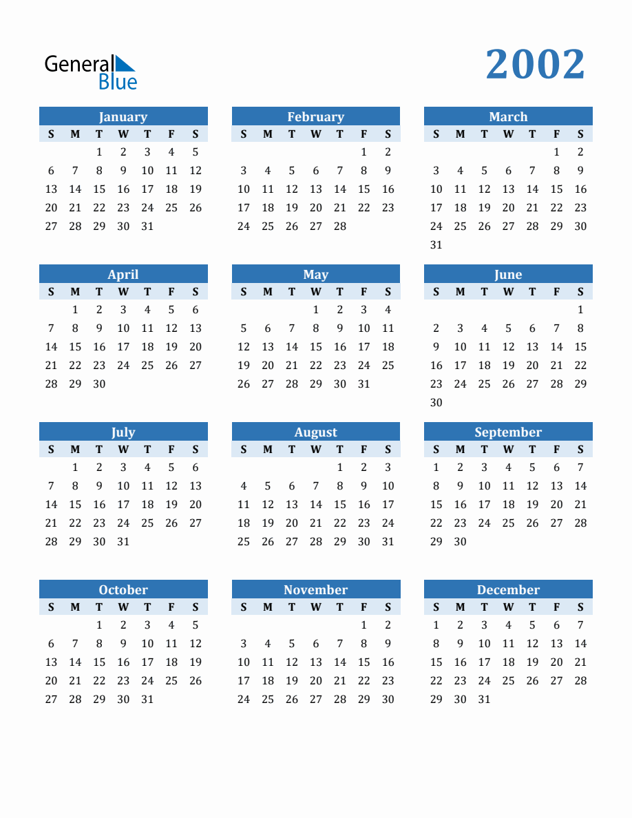 Free 2002 Year Calendar in PDF, Word, and Excel