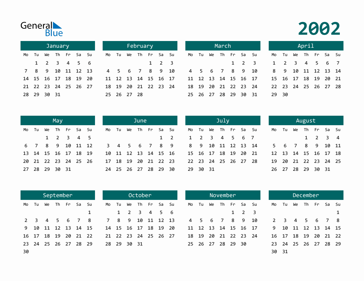 2002 Full-Year Calendar with Monday Start