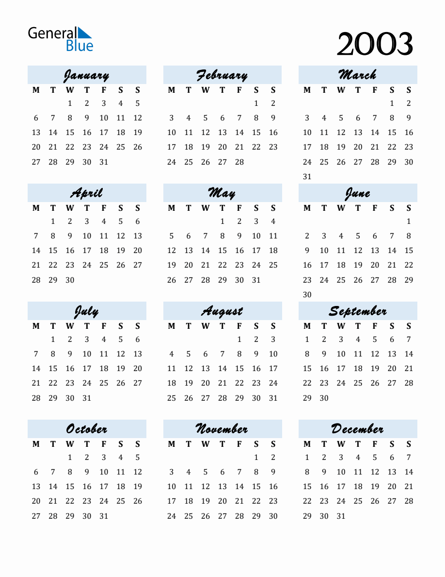 Free Downloadable Calendar for Year 2003 with Monday Start