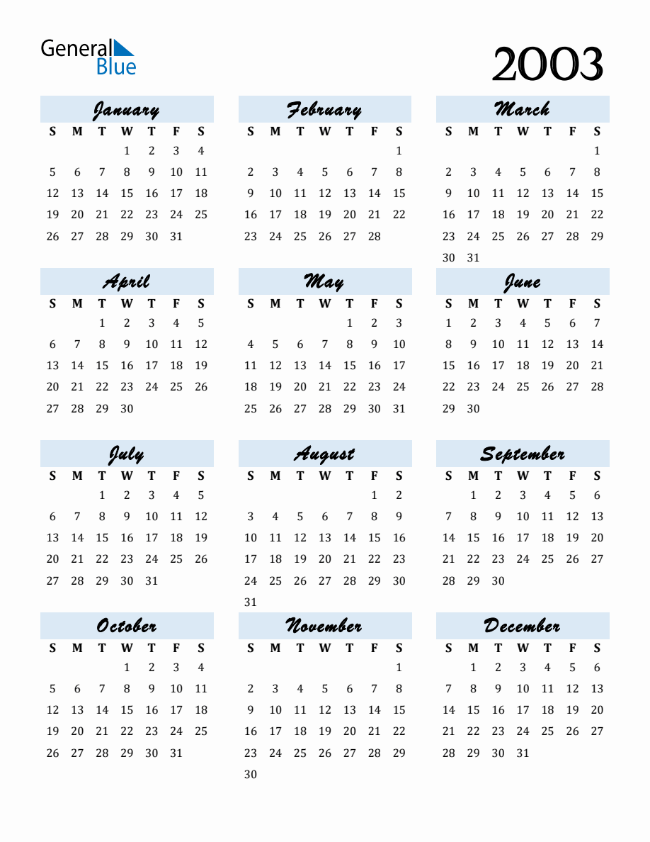 Free Downloadable Calendar for Year 2003