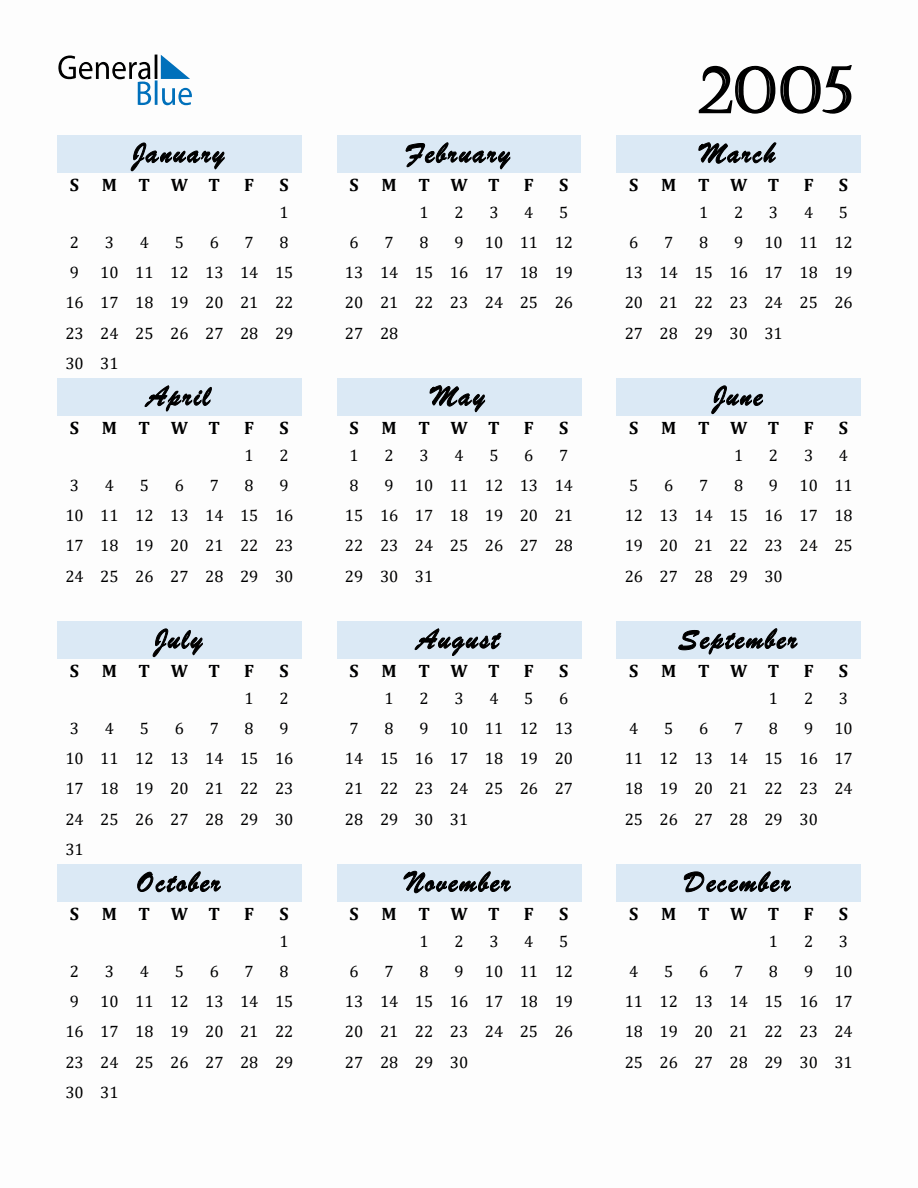 Free Downloadable Calendar for Year 2005