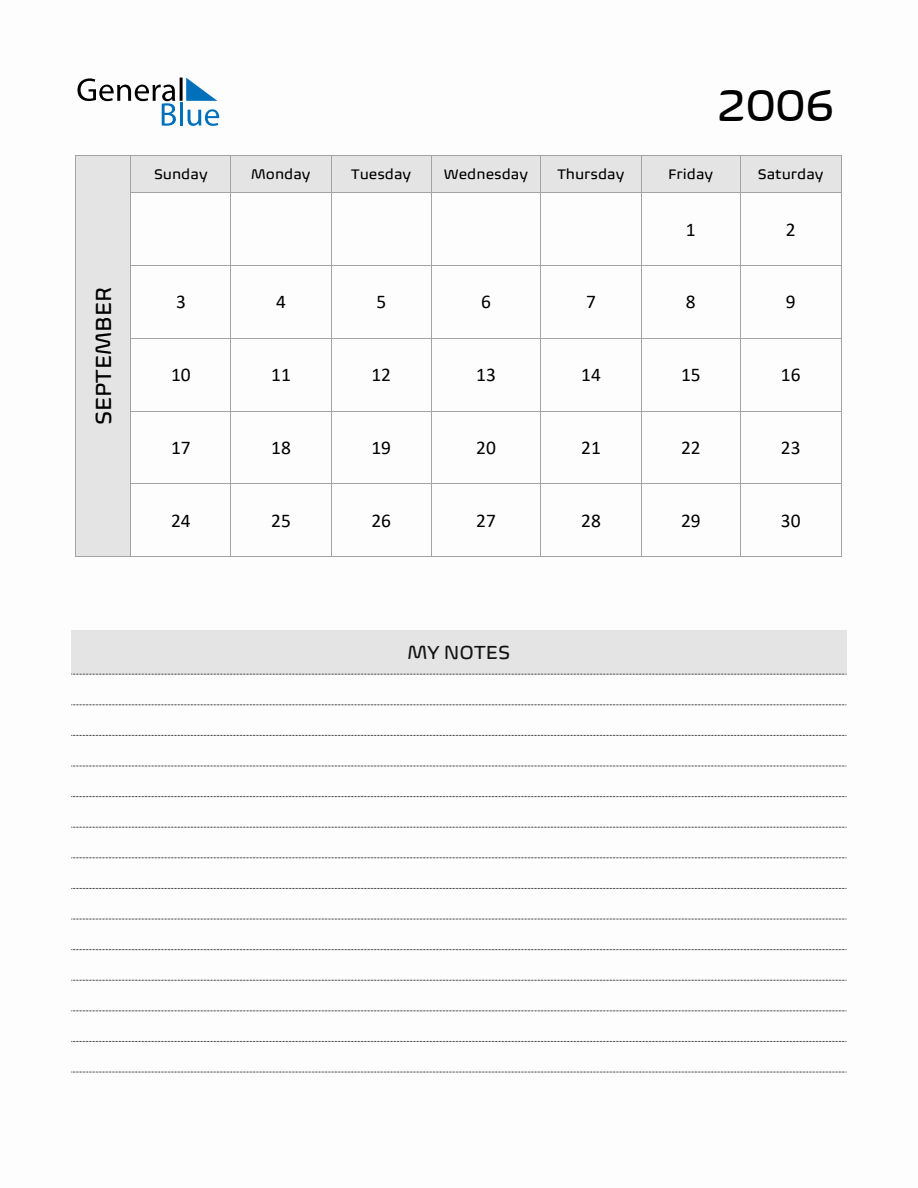 September 2006 Printable Monthly Calendar with Notes
