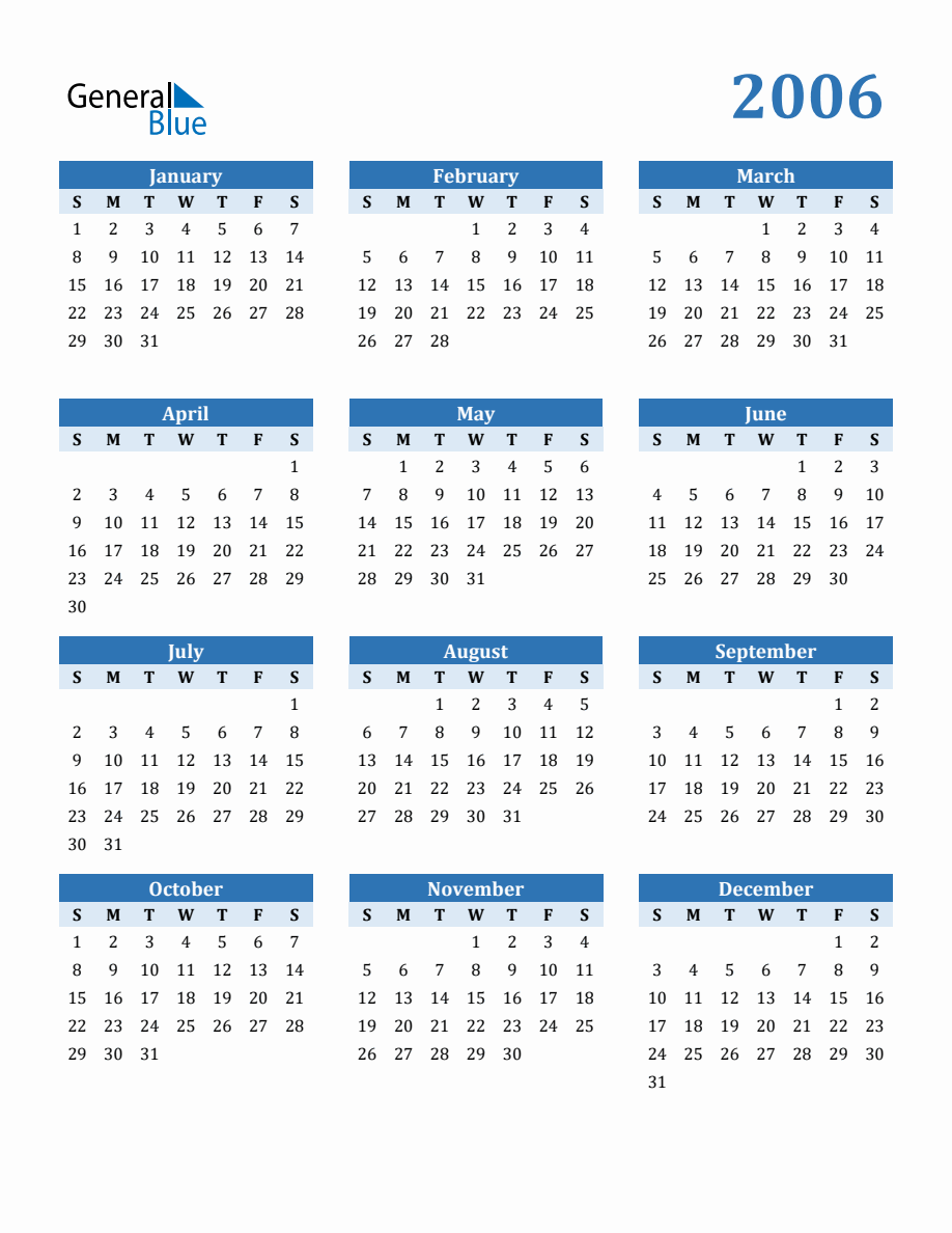 Free 2006 Year Calendar in PDF, Word, and Excel