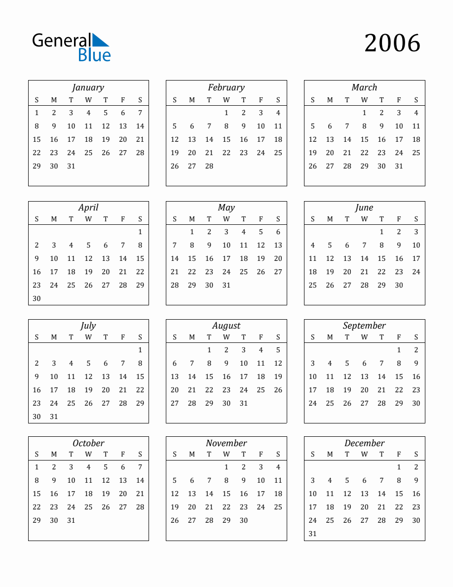 2006 Blank Yearly Calendar Printable