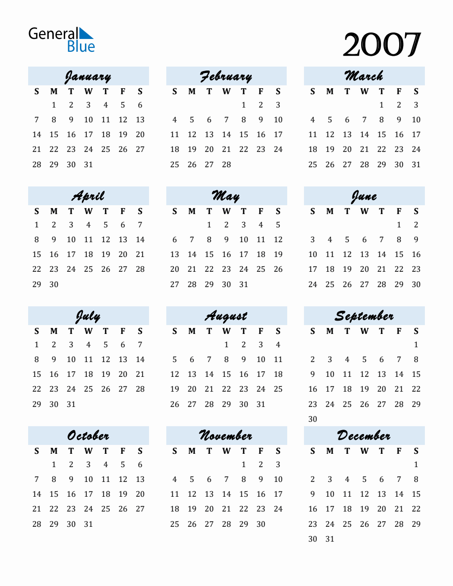 Free Downloadable Calendar for Year 2007