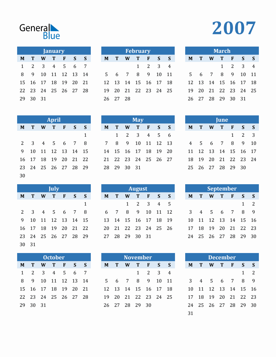 Free 2007 Year Calendar in PDF, Word, and Excel with Monday Start
