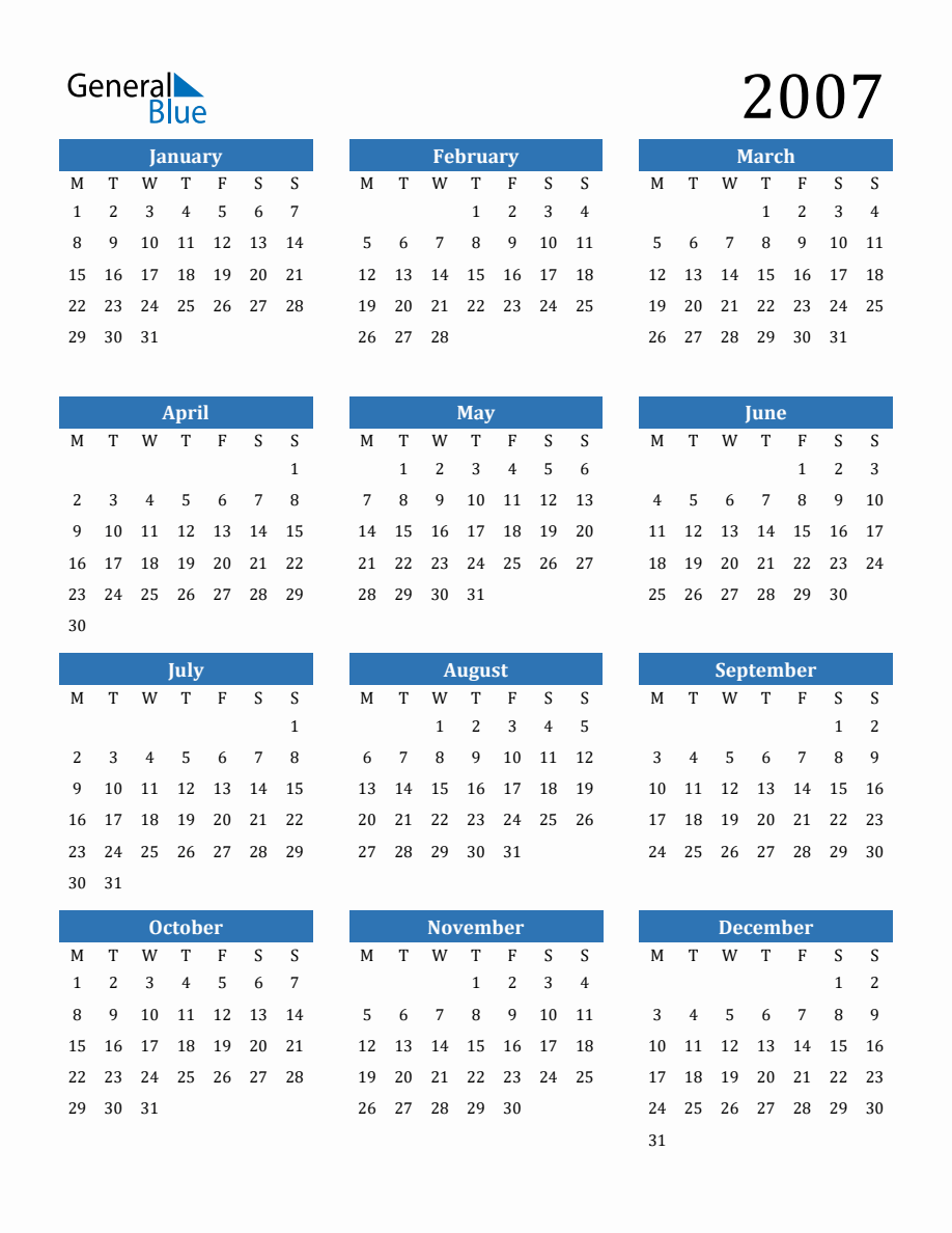 2007 Yearly Calendar with Monday Start