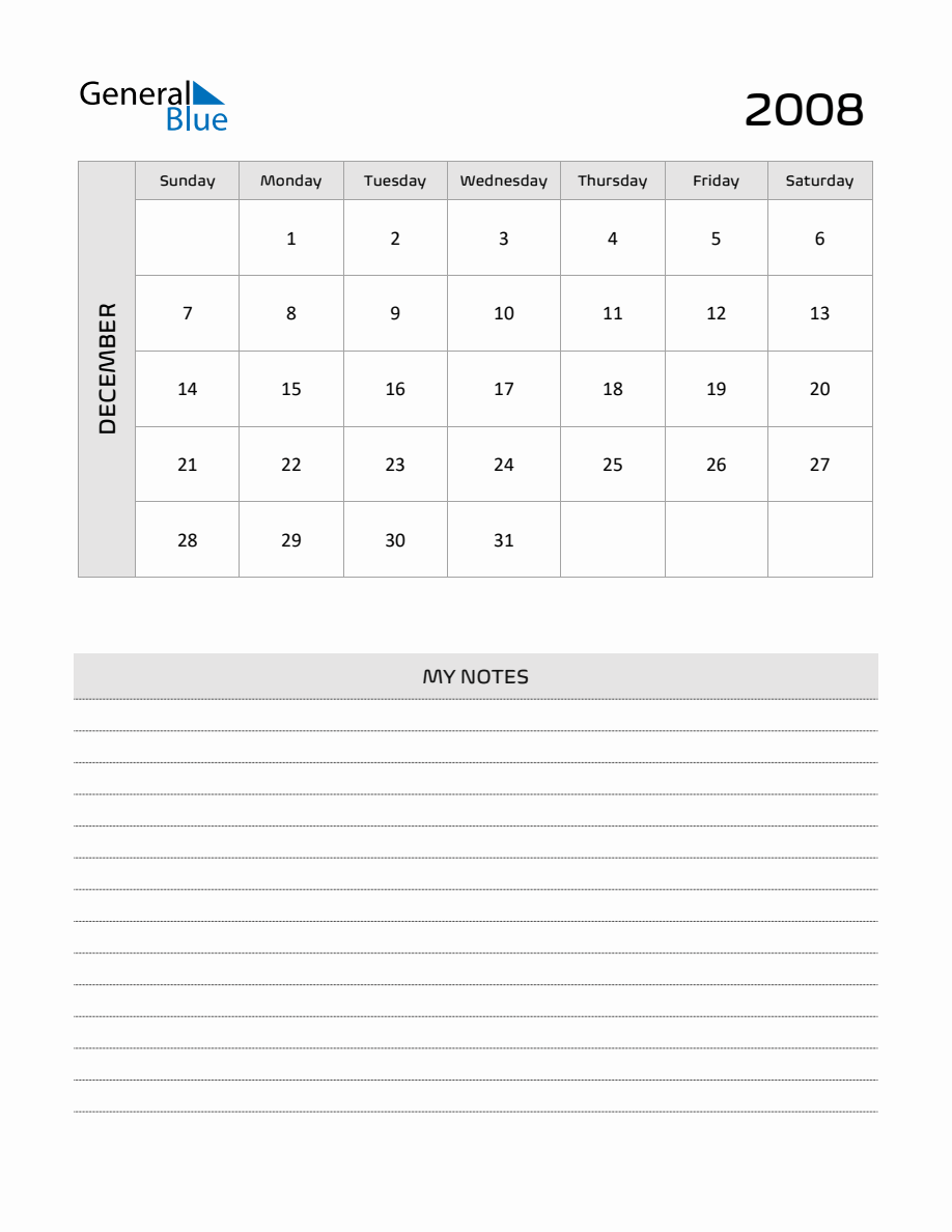 December 2008 Printable Monthly Calendar with Notes