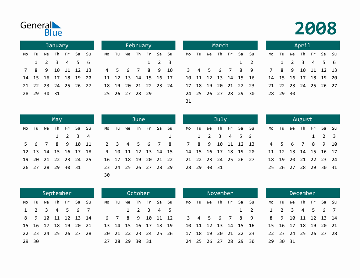 2008 Full-Year Calendar with Monday Start