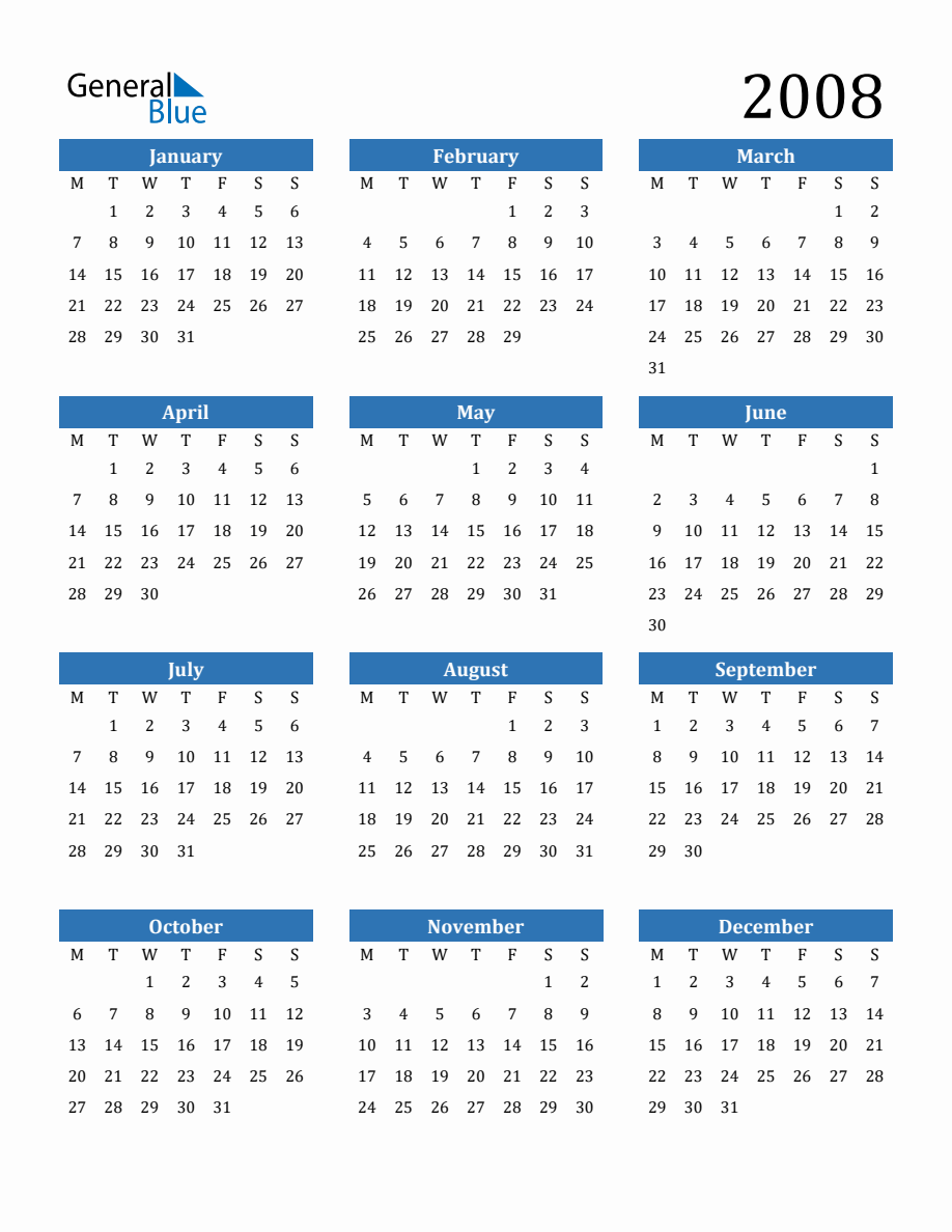 2008 Yearly Calendar with Monday Start
