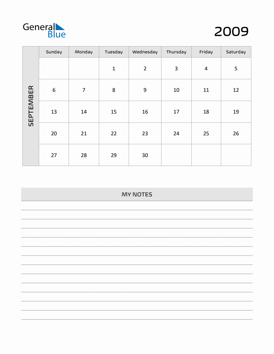 September 2009 Printable Monthly Calendar with Notes