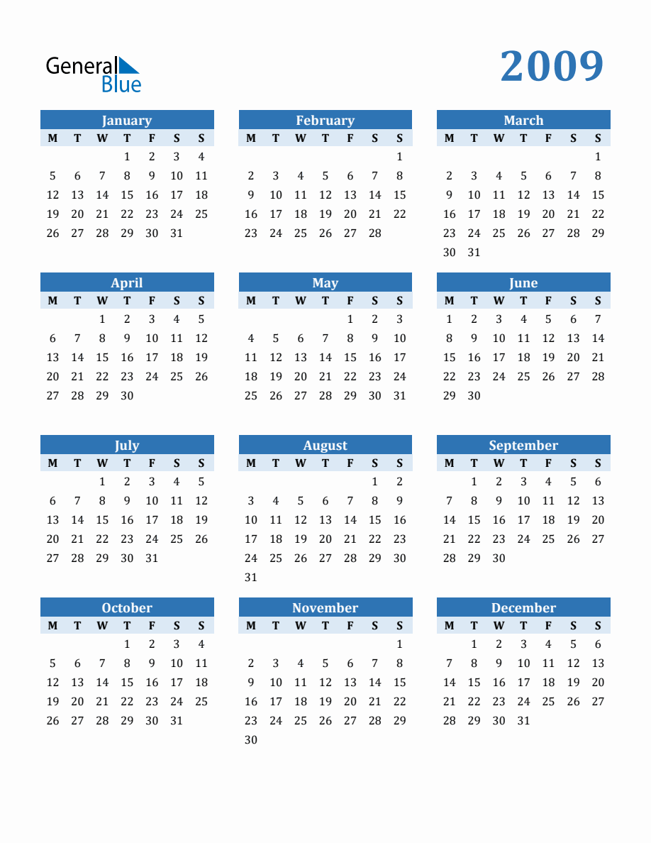 Free 2009 Year Calendar in PDF, Word, and Excel with Monday Start