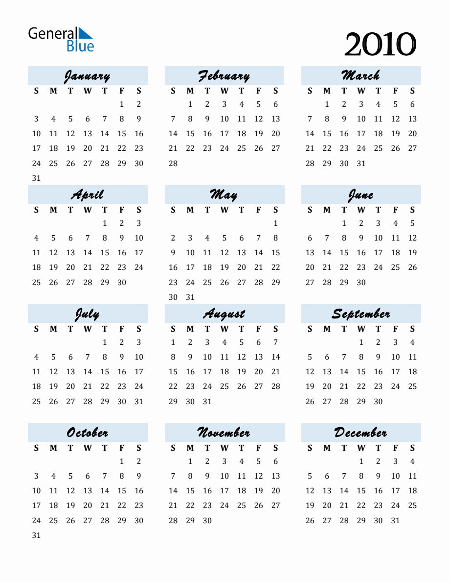 Free Downloadable Calendar for Year 2010
