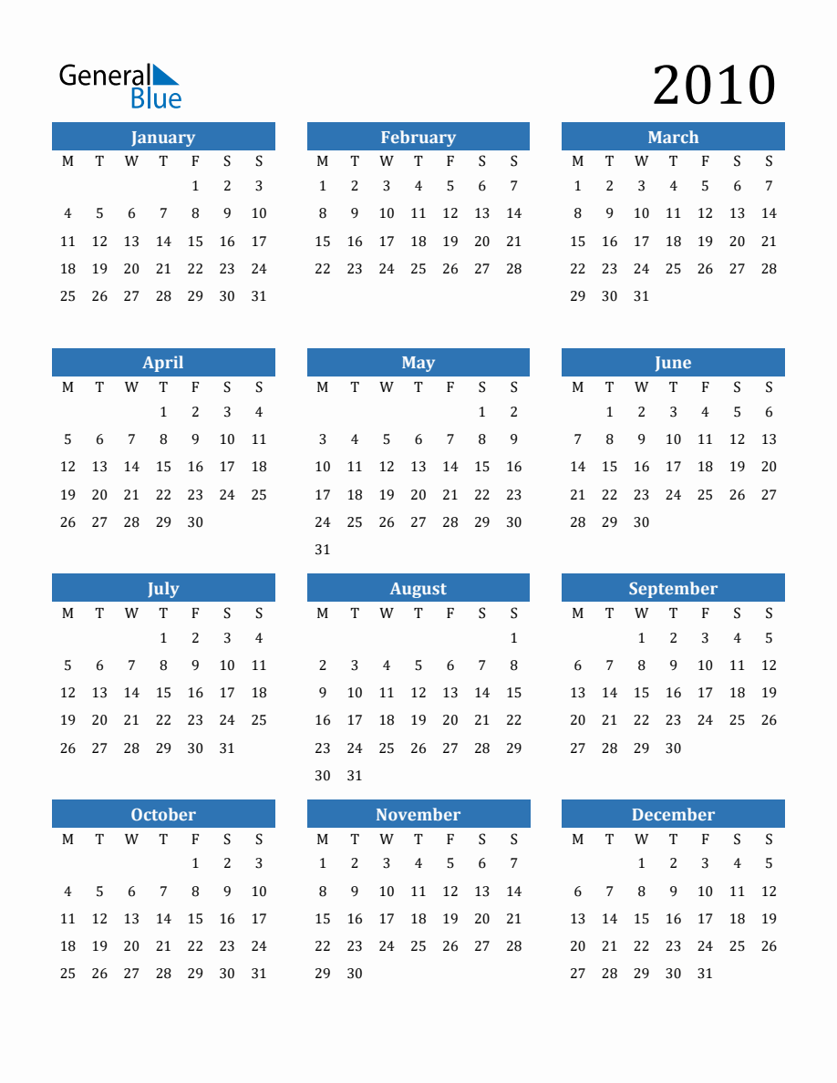 2010 Yearly Calendar with Monday Start