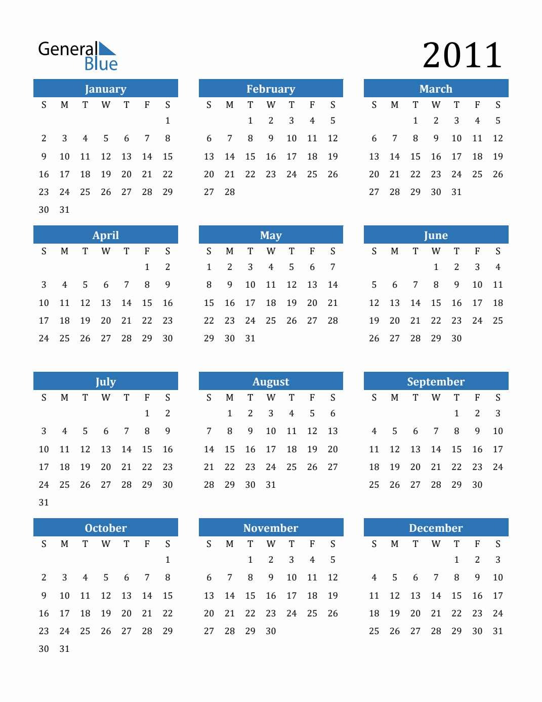 Free 2011 Calendars in PDF, Word, Excel