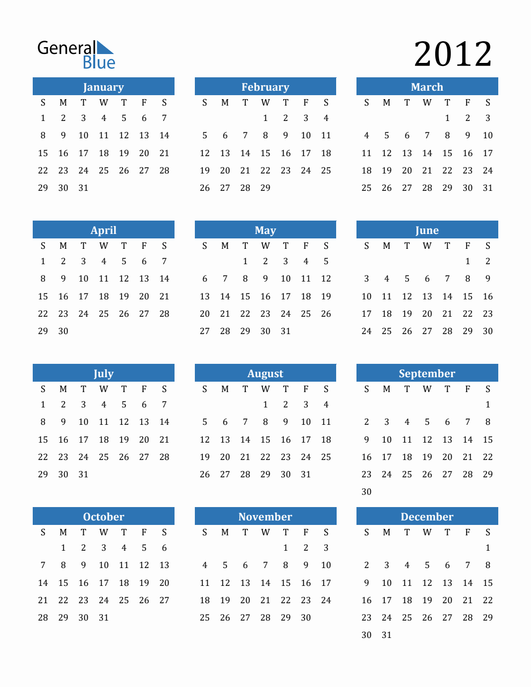 Free 2012 Calendars in PDF, Word, Excel