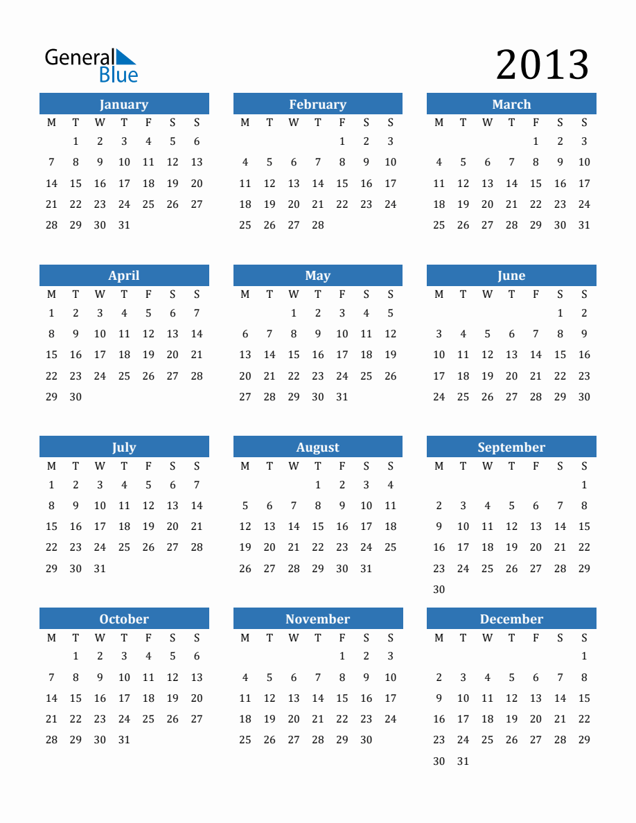 2013 Yearly Calendar with Monday Start