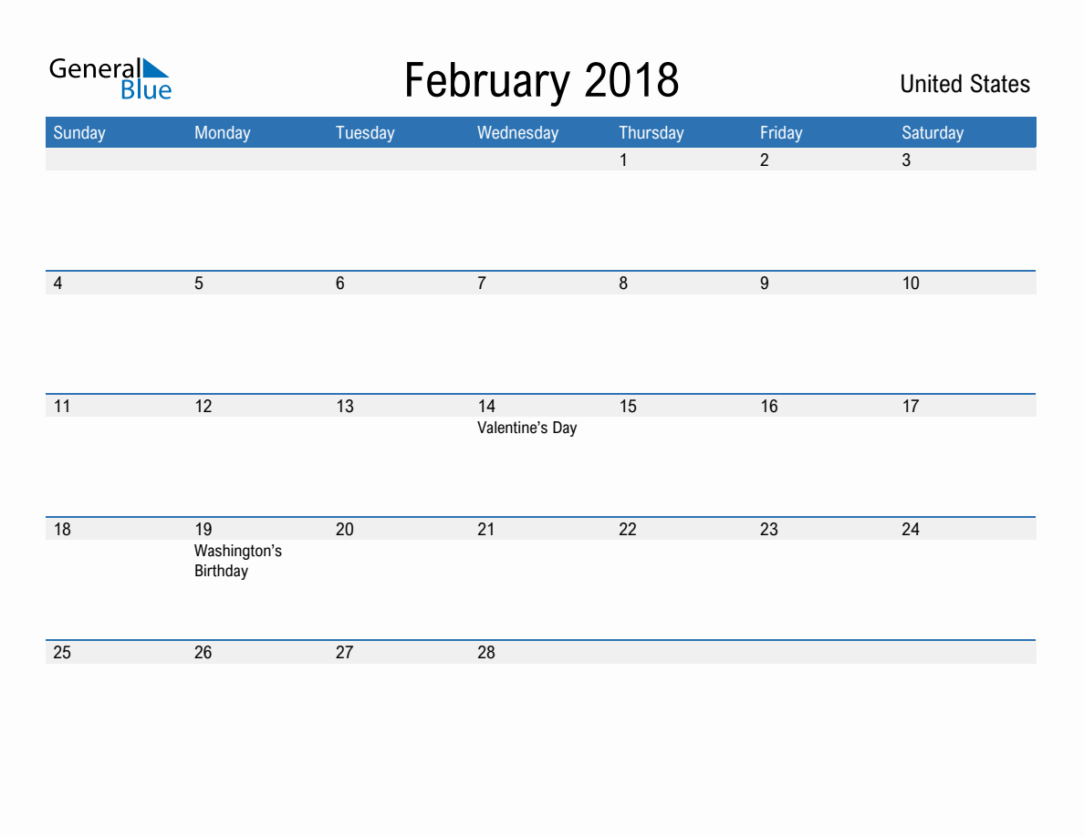 February 2018 Monthly Calendars with United States Holidays