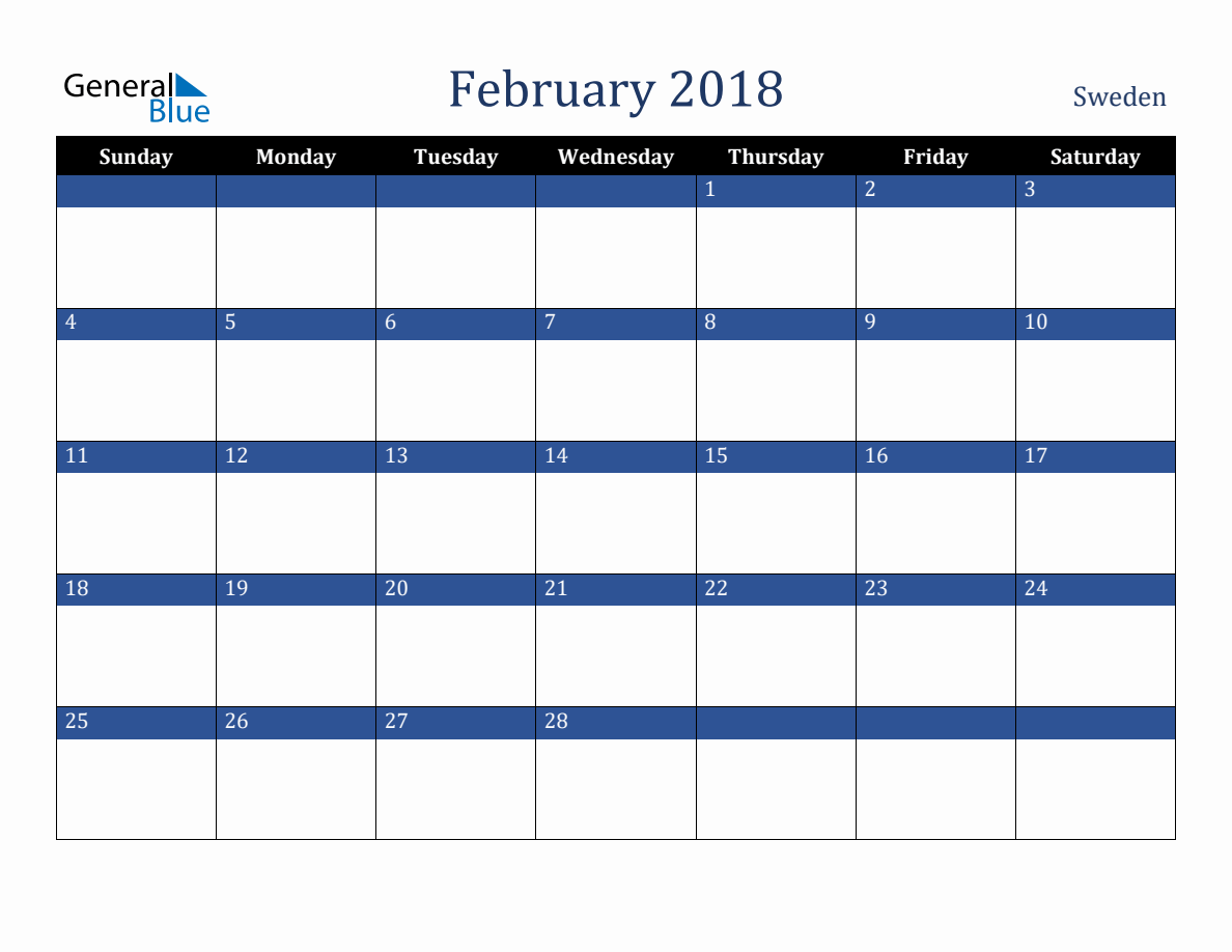 February 2018 Sweden Holiday Calendar