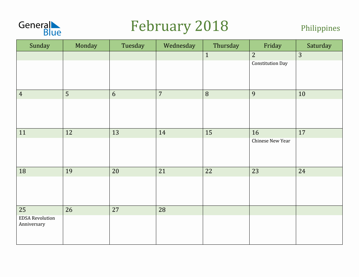 Fillable Holiday Calendar for Philippines - February 2018