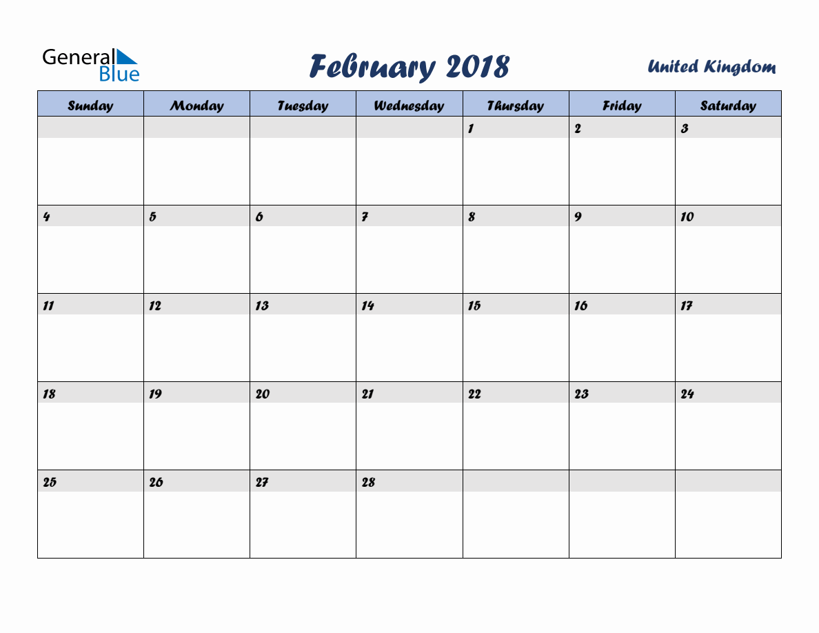 February 2018 Monthly Calendar Template with Holidays for United Kingdom