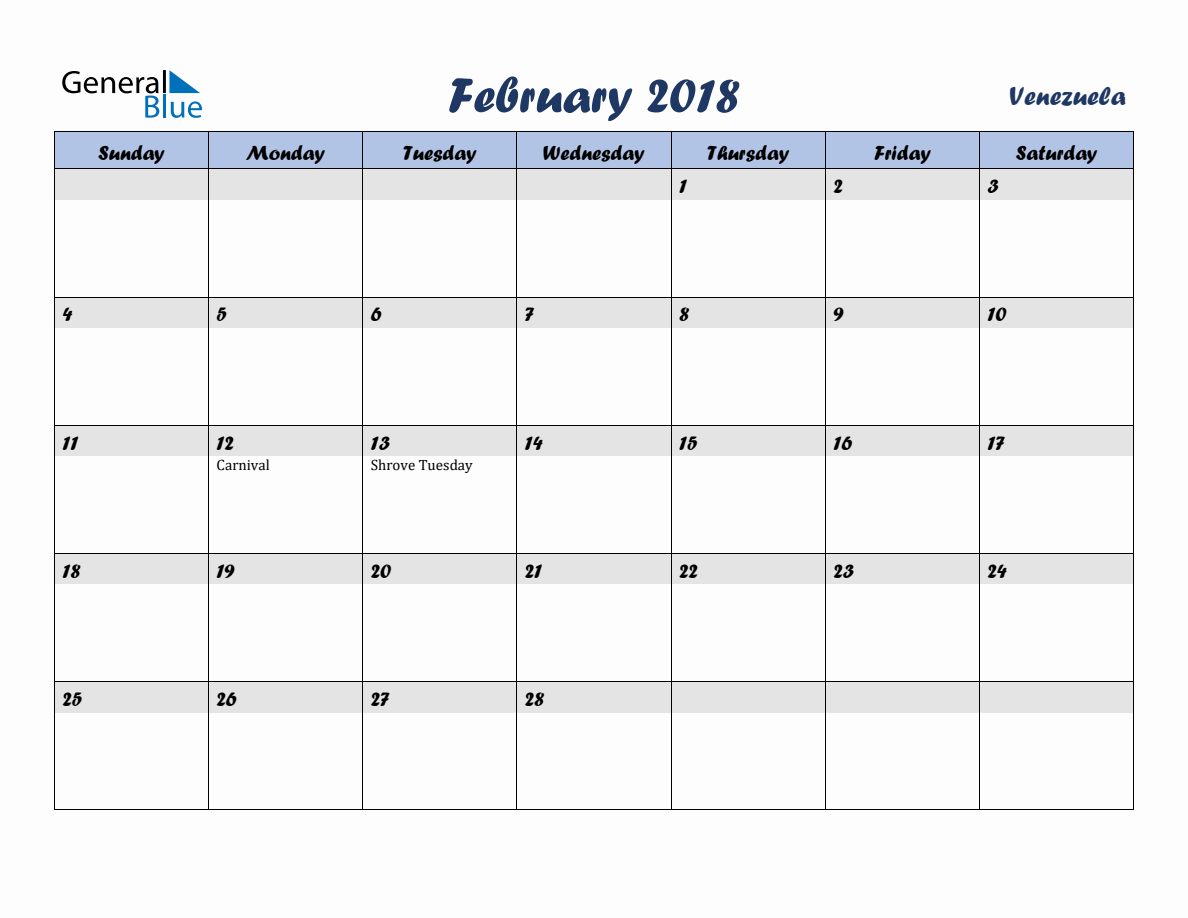 February 2018 Monthly Calendar Template with Holidays for Venezuela